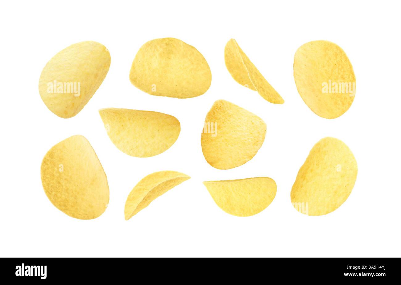 Tasty crispy potato chips on white background, collage Stock Photo - Alamy