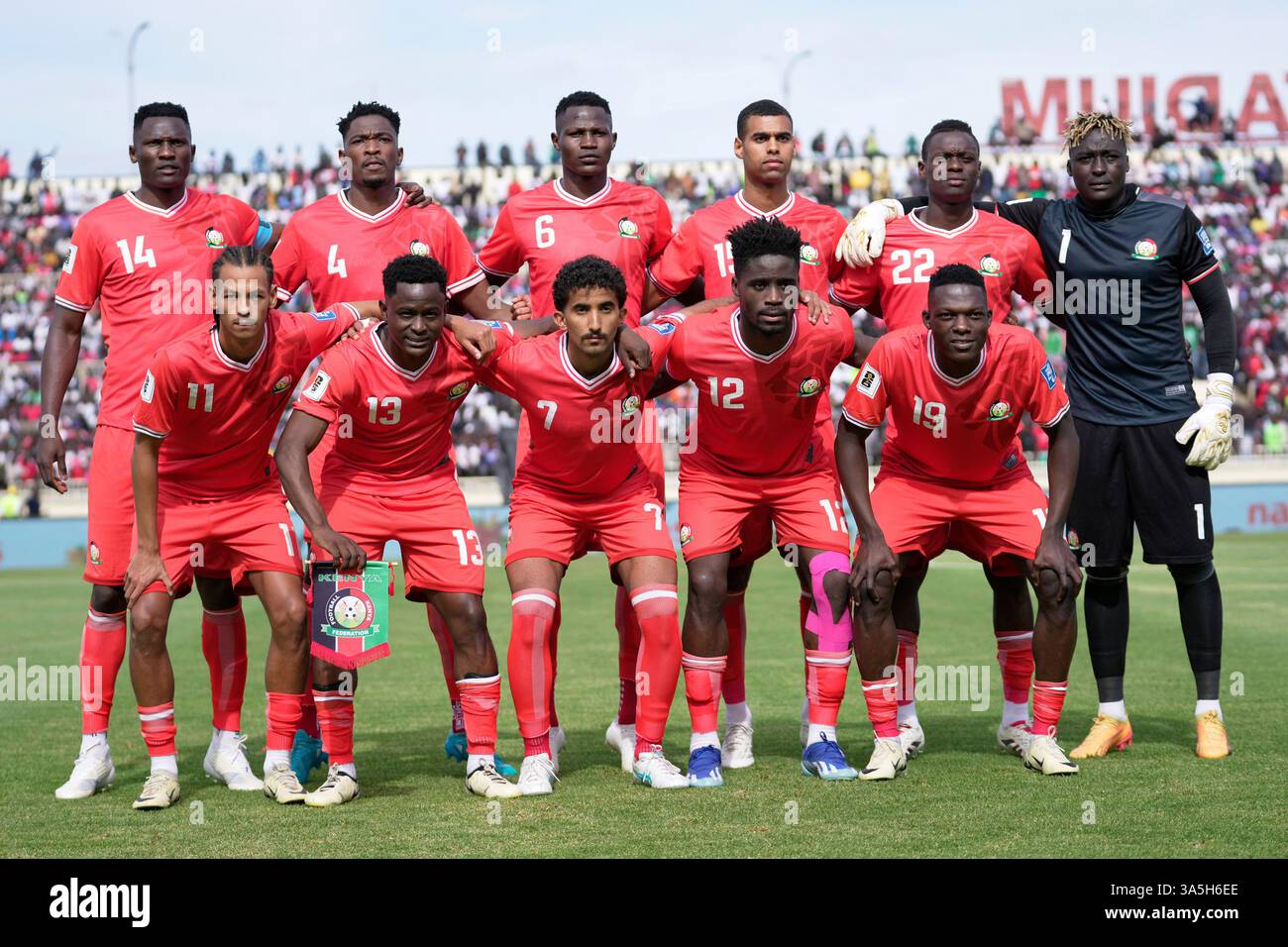 Kenya national team players pose for a photo ahead of the World Cup group F qualifying soccer ...