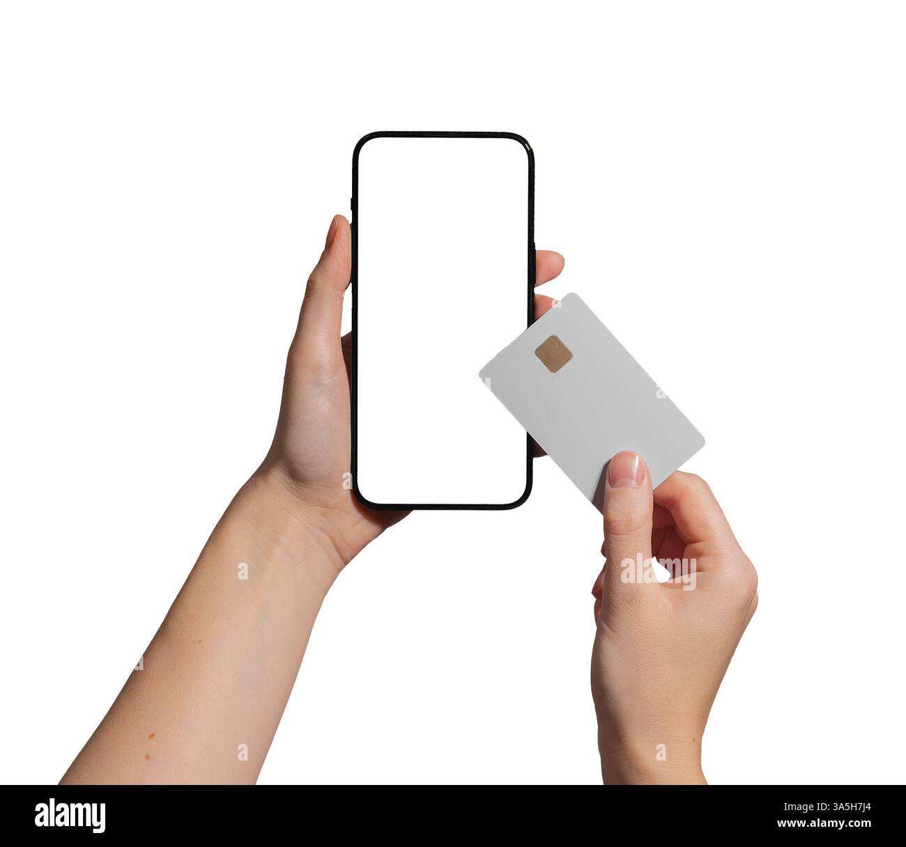 Woman holding smartphone and credit card, digital payment and online ...