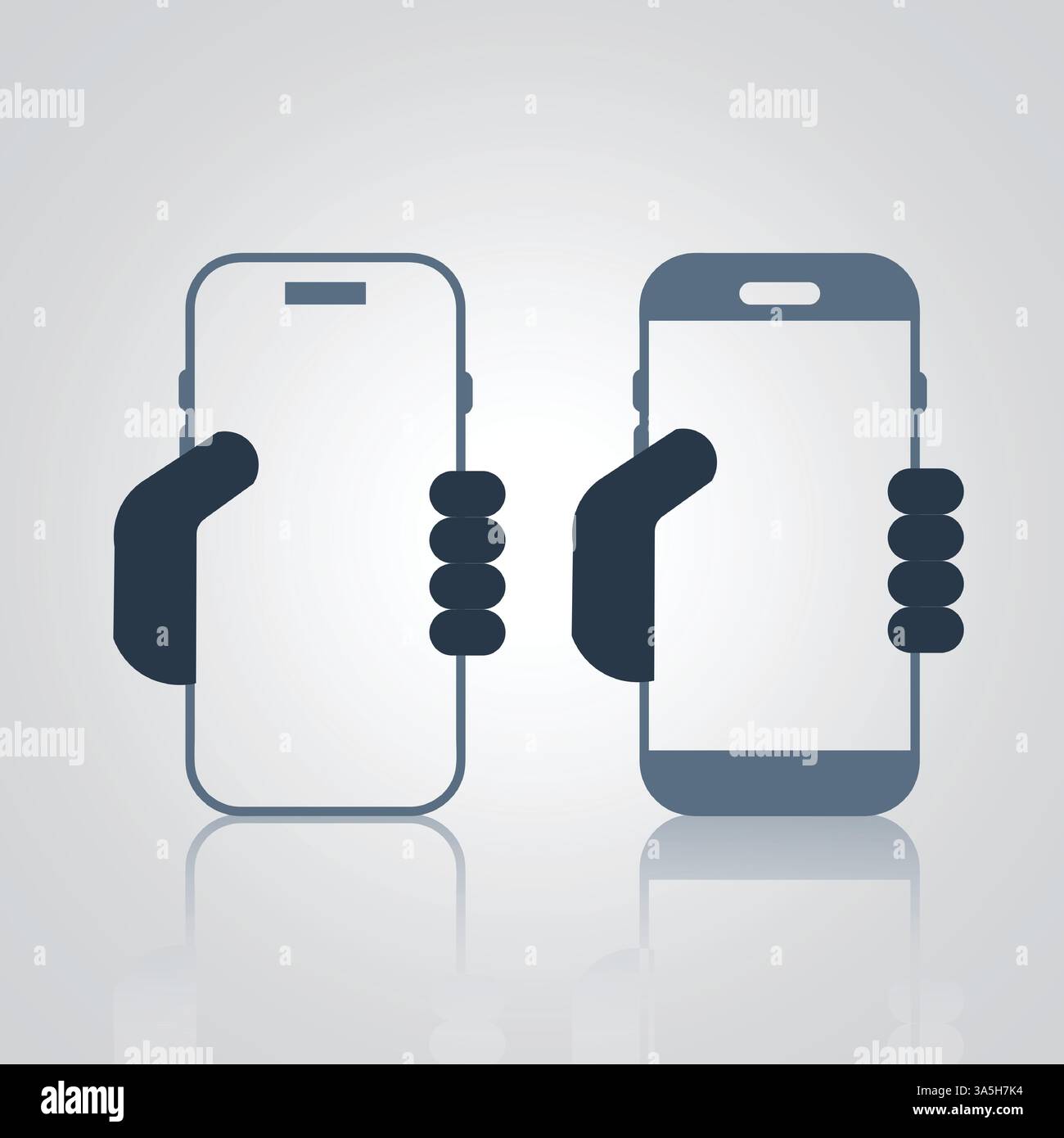 Hand holding smartphone icon, phone using left hand sign, with a silver background Stock Vector ...