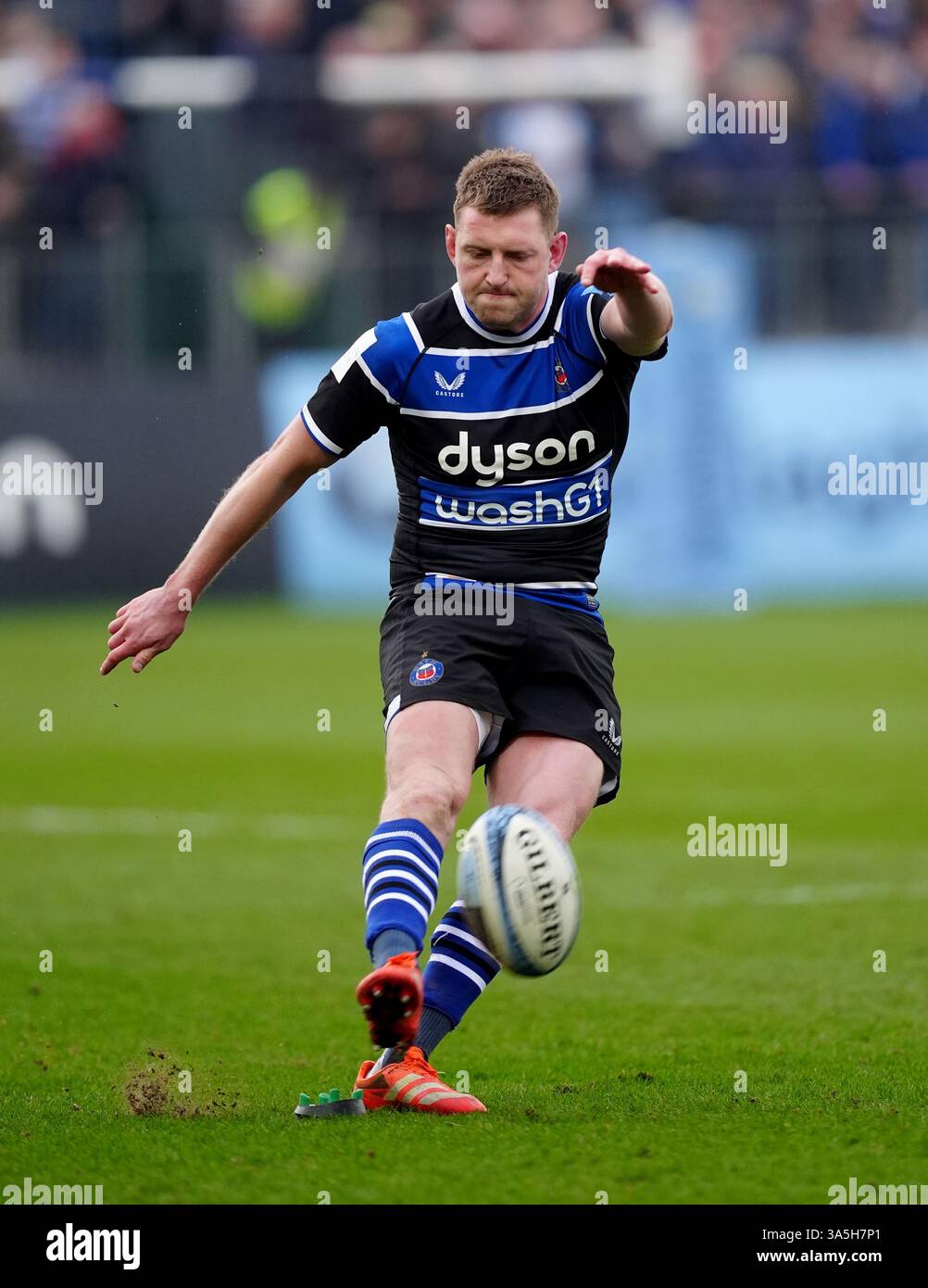 Bath's Finn Russell converts a try during the Gallagher Premiership ...