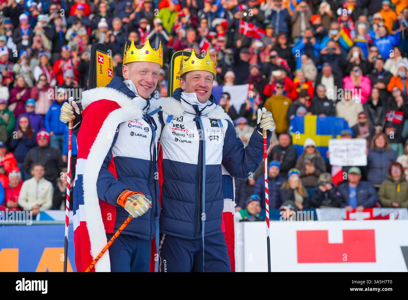 Tarjei Bø and Johannes Thingnes Bø, left, are celebrated after they ...
