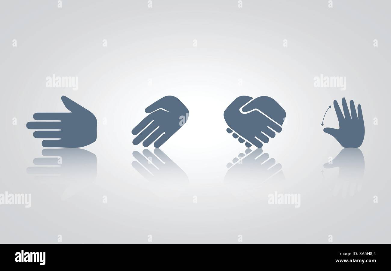 Hand gesture icons. hands, hand shaking, sizes, with grey color, with a ...