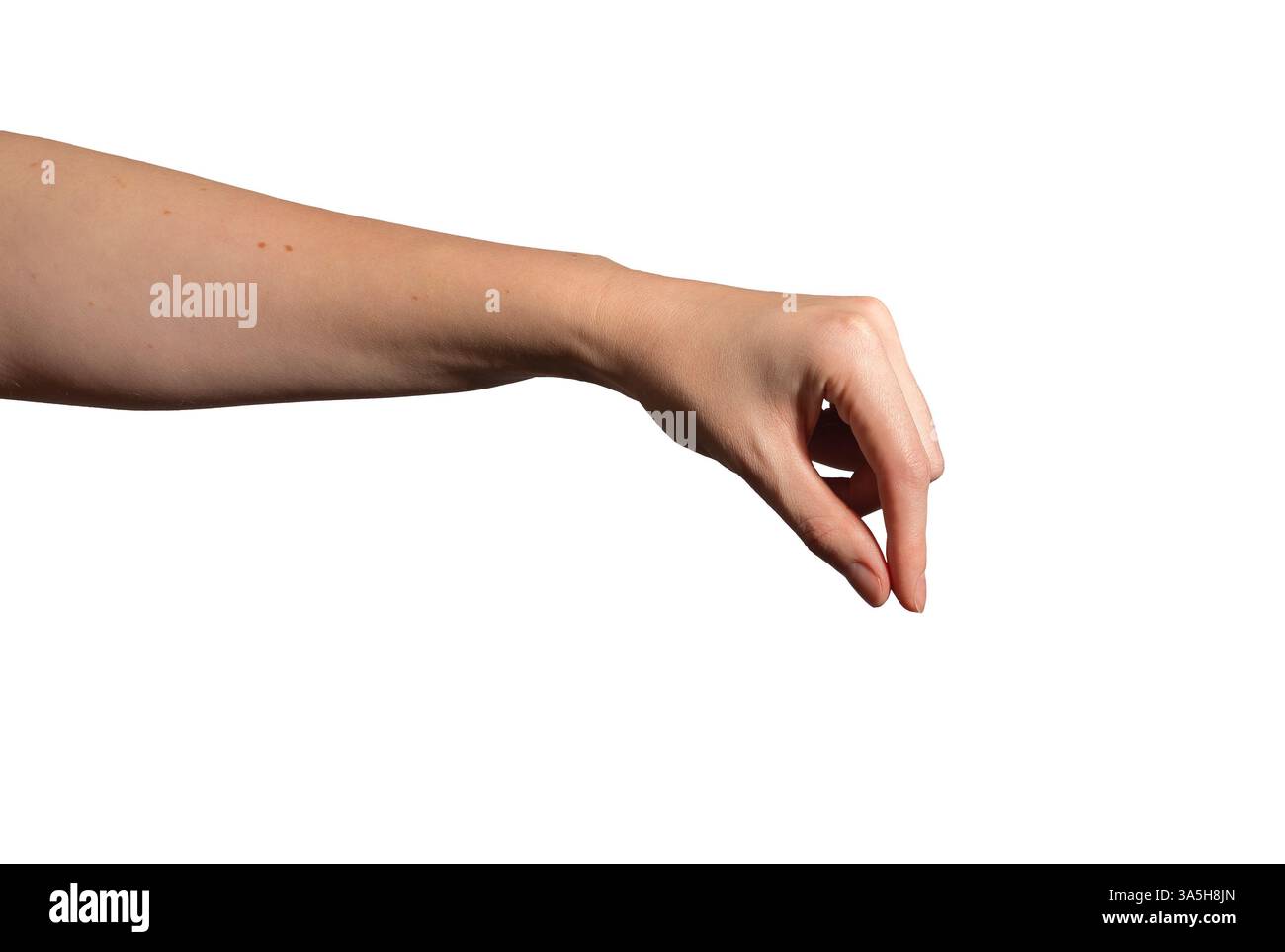 Female hand pinching small invisible object, delicate grip gesture with ...