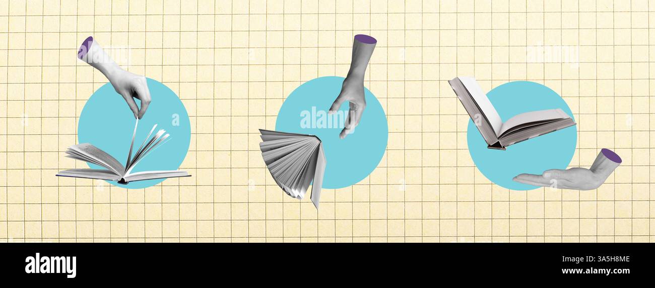 Book collage with hands, open pages, abstract design, artistic concept ...