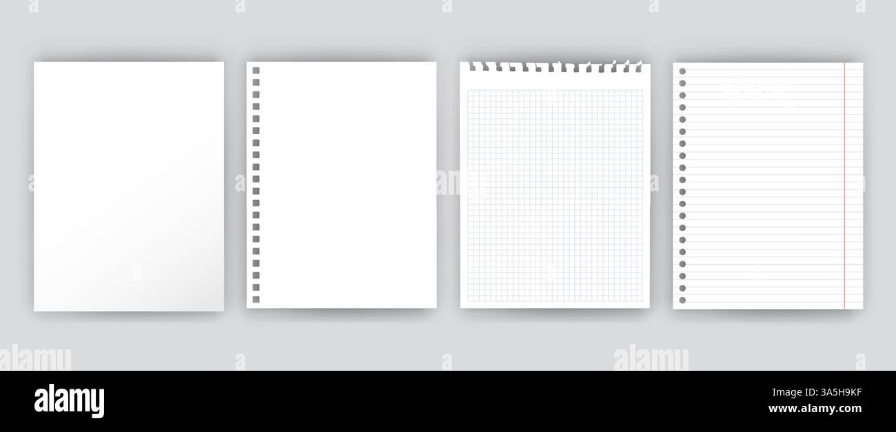 Note paper. Notebook blank white sheets of square and lined paper with ...
