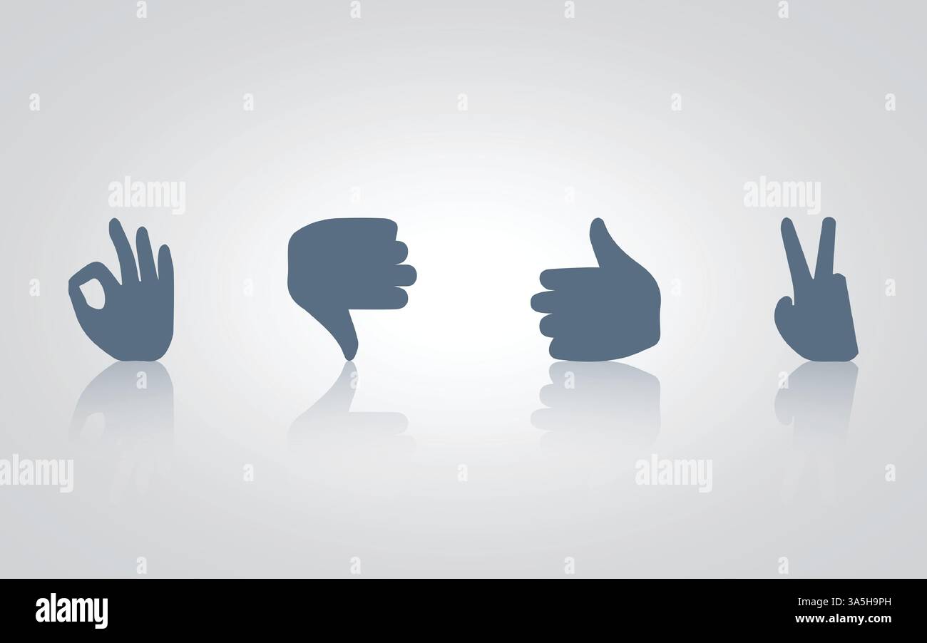 Hand gesture icons. great, victory, thumbs up and thumbs down with grey ...