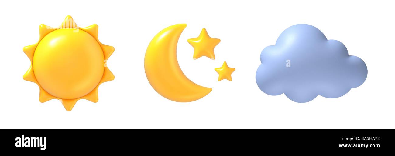 3d sun, moon and cloud. Realistic yellow sun, crescent with stars and ...