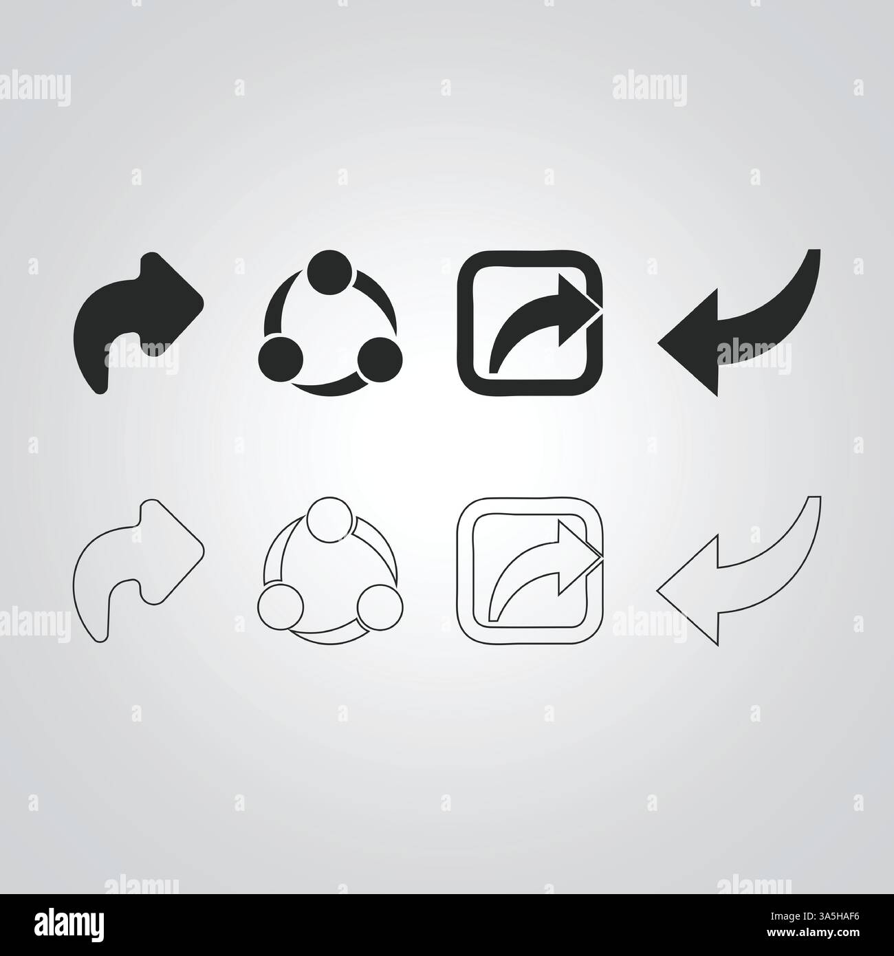 Share icons and sign with arrow in black color, also in outline with ...
