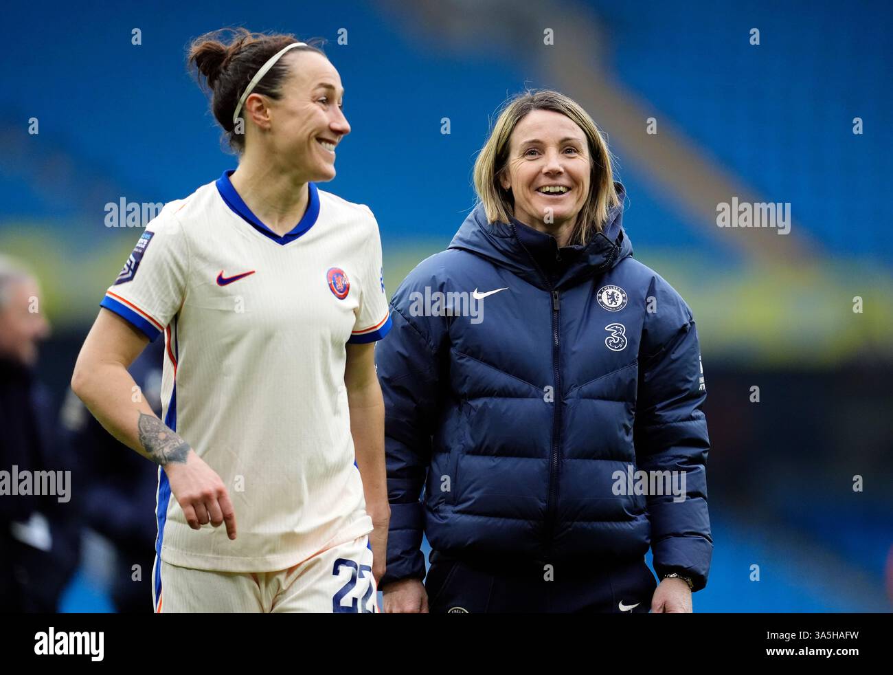 Chelsea manager Sonia Bompastor and Lucy Bronze during the Barclays ...