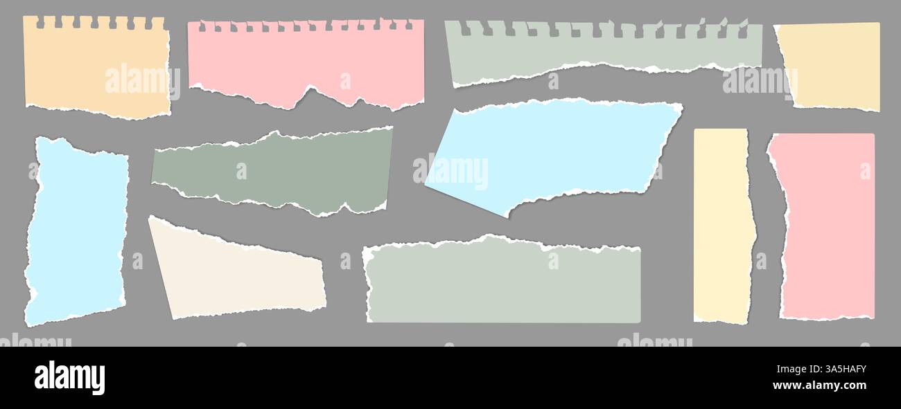 Torn note paper. Notebook sheets with ripped edges, blank color torn ...