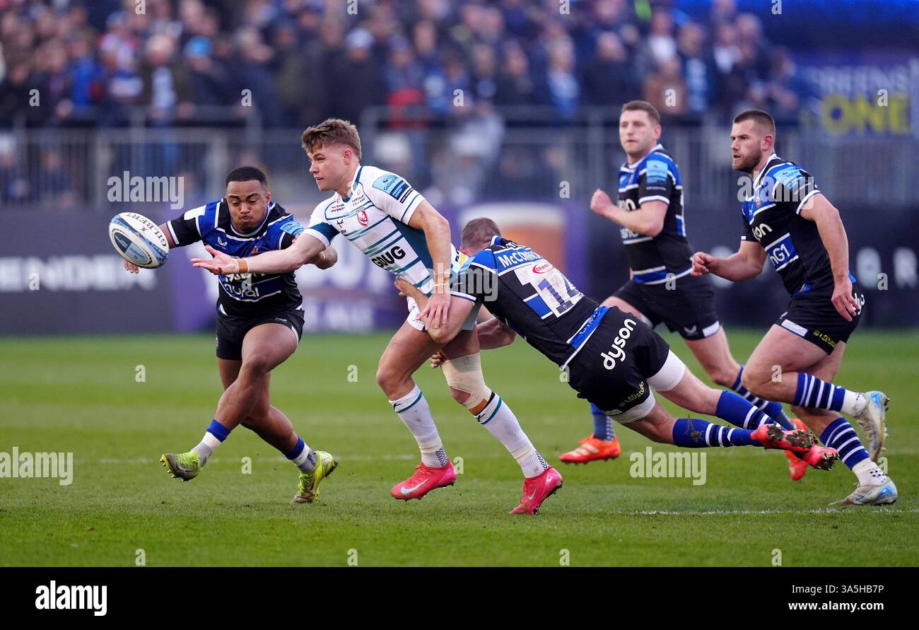 Gloucester's Charlie Atkinson is tackled by Bath's Ruaridh McConnochie ...