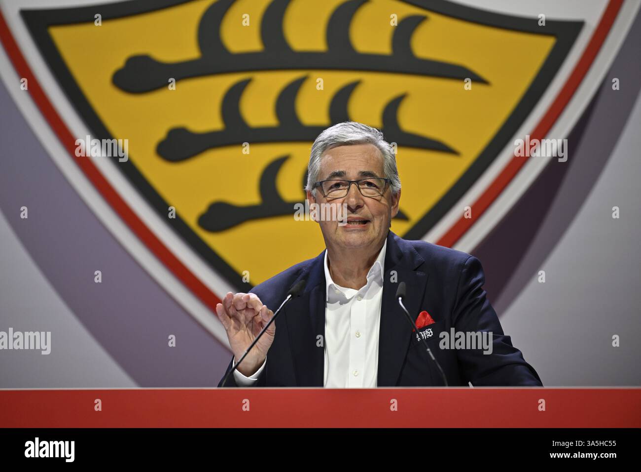 President Dietmar Allgaier VfB Stuttgart holds speech at the podium ...