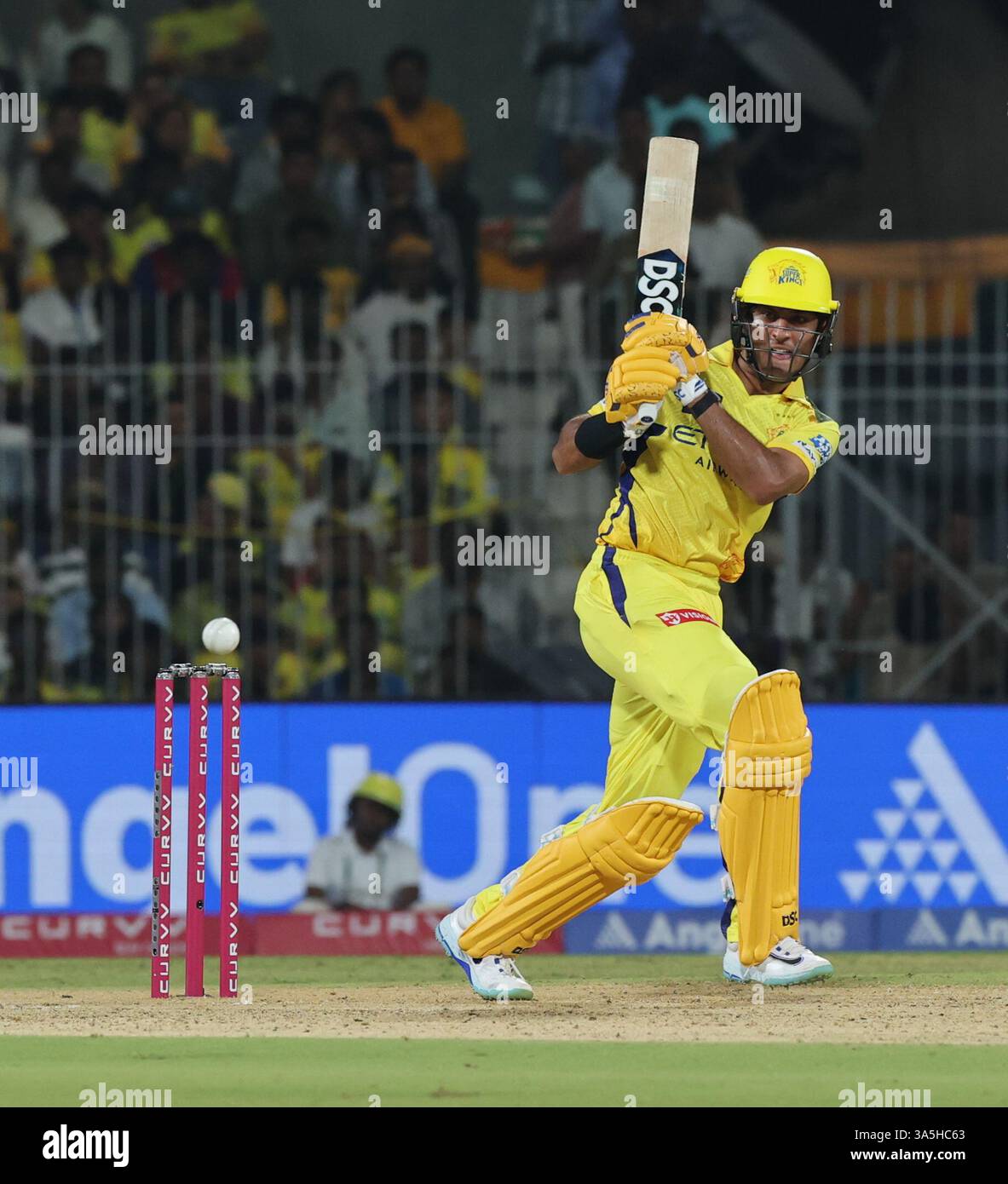 Cricket: IPL 2025 : Chennai Super Kings (CSK) Vs Mumbai Indians at MAC Stadium. Rachin Ravindra ...