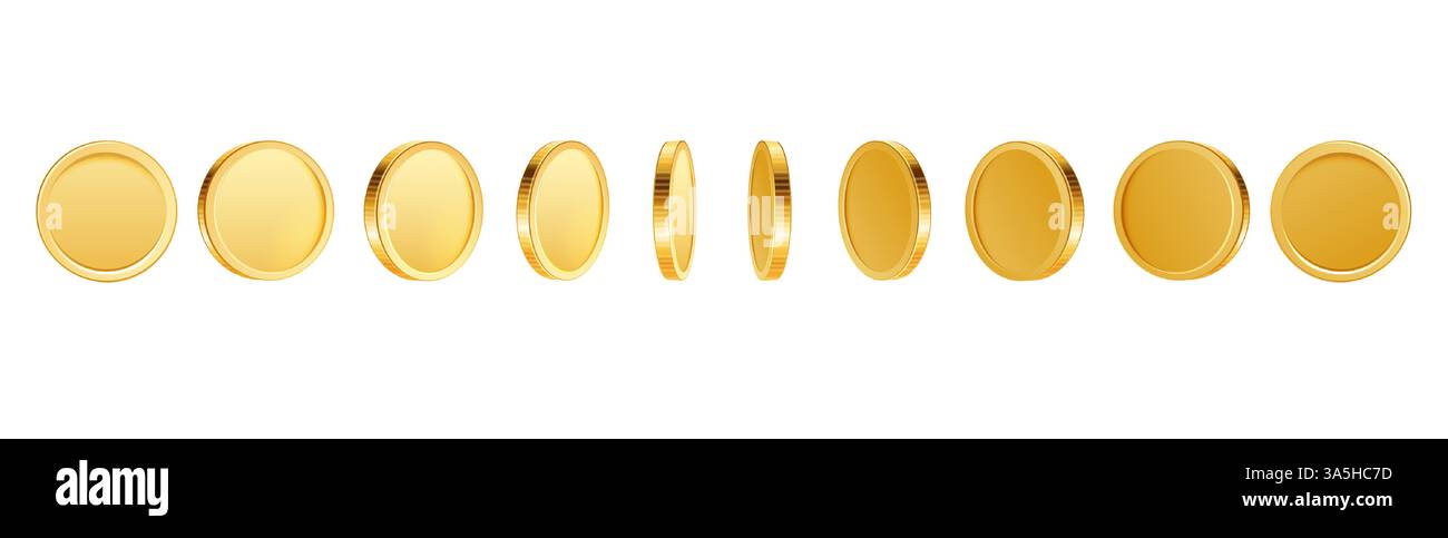 Gold coin turn around. Realistic 3D golden coins in different position ...