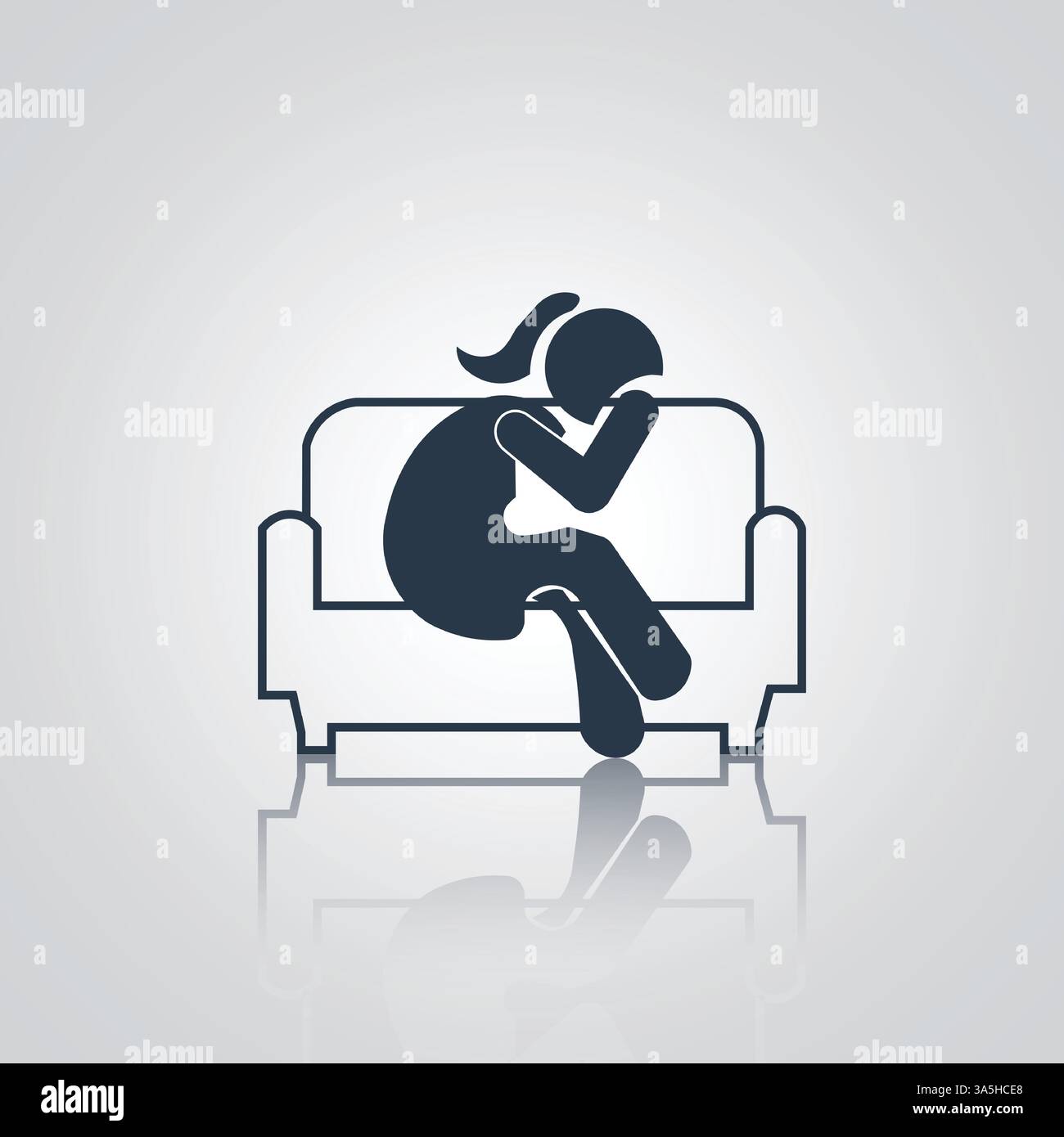 Pictograms of girl sitting of sofa tense, with a silver background ...