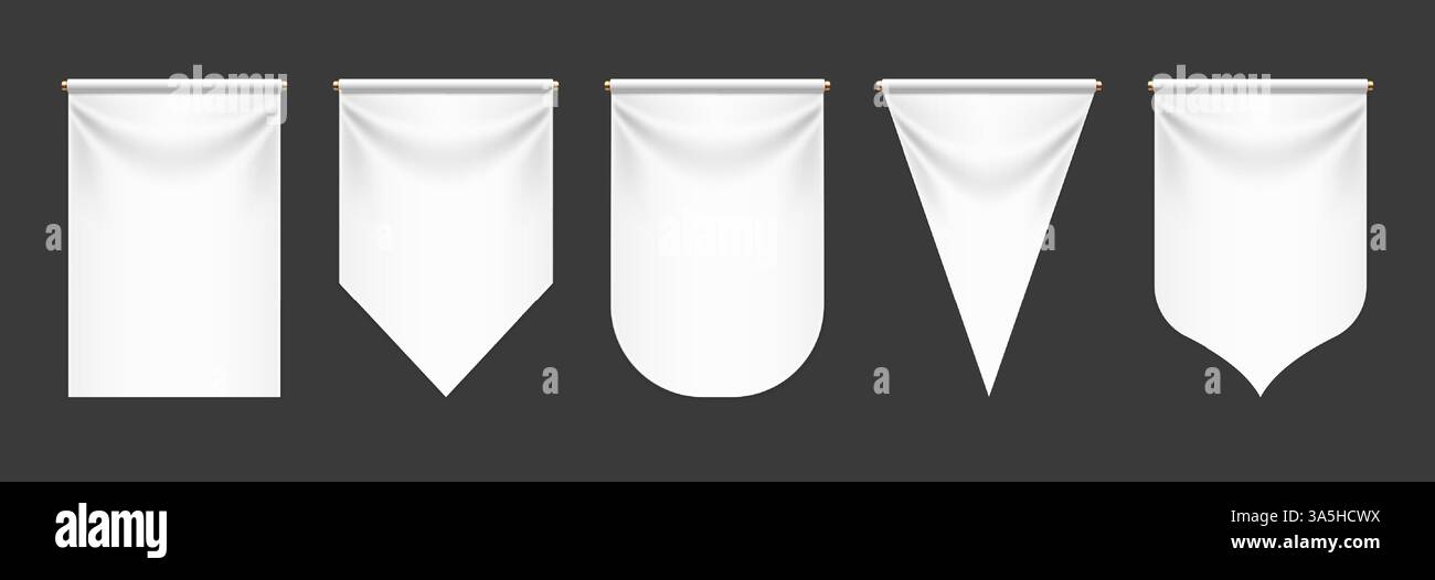 Pennants white 3d realistic. White pennant flags mockup, vertical ...