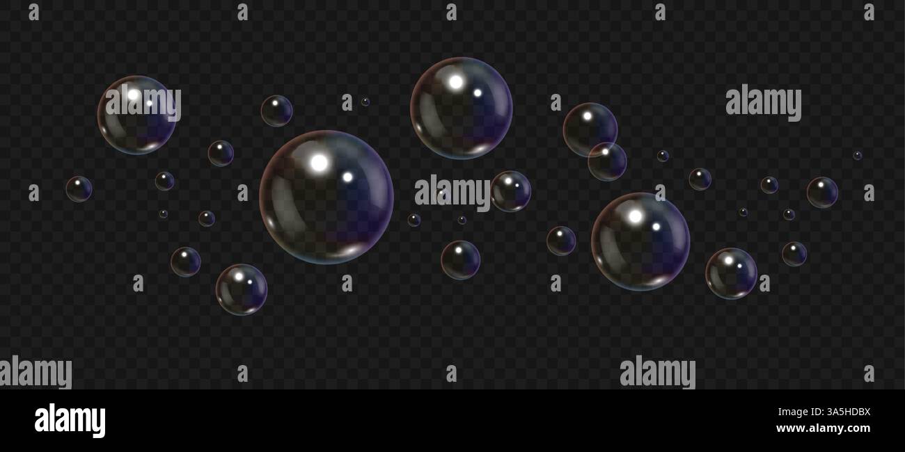 Realistic soap bubbles. 3D transparent flying air foam spheric bubbles ...