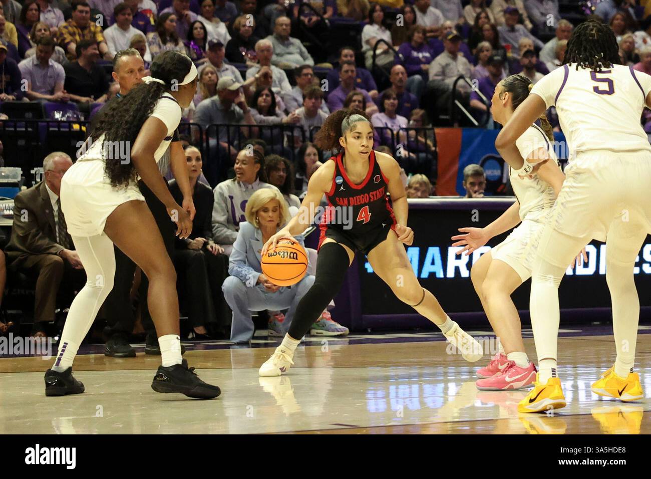 San Diego State Aztecs guard Veronica Sheffey (4) tries to make a move ...