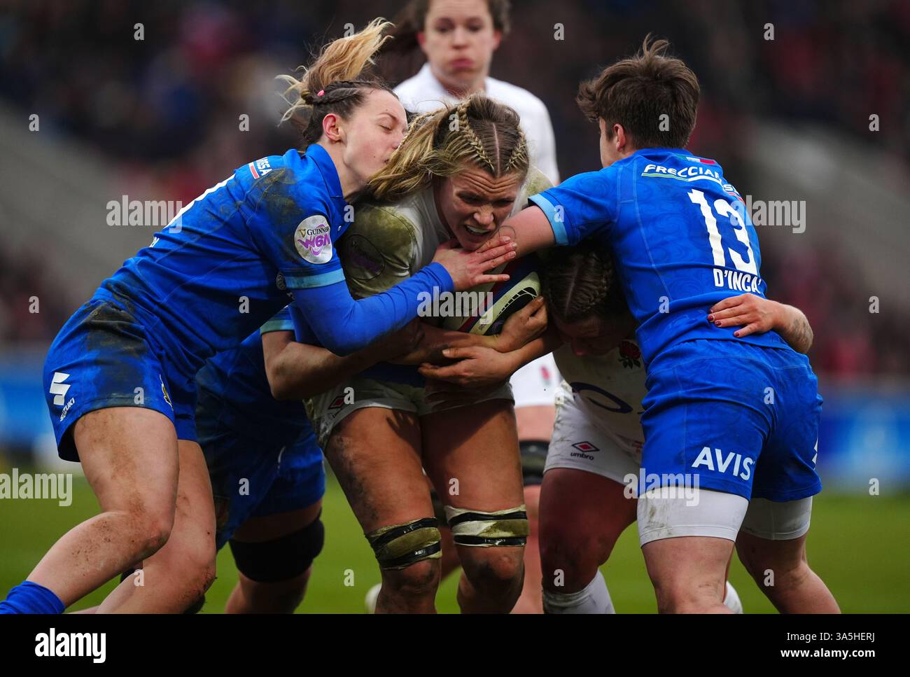 England's Zoe Aldcroft is tackled by Italy's Francesca Sgorbini (left ...