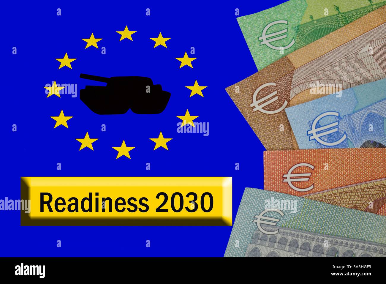 EU-Symbol mit Geldscheinen und Panzer-Symbol und Schriftzug Readiness ...