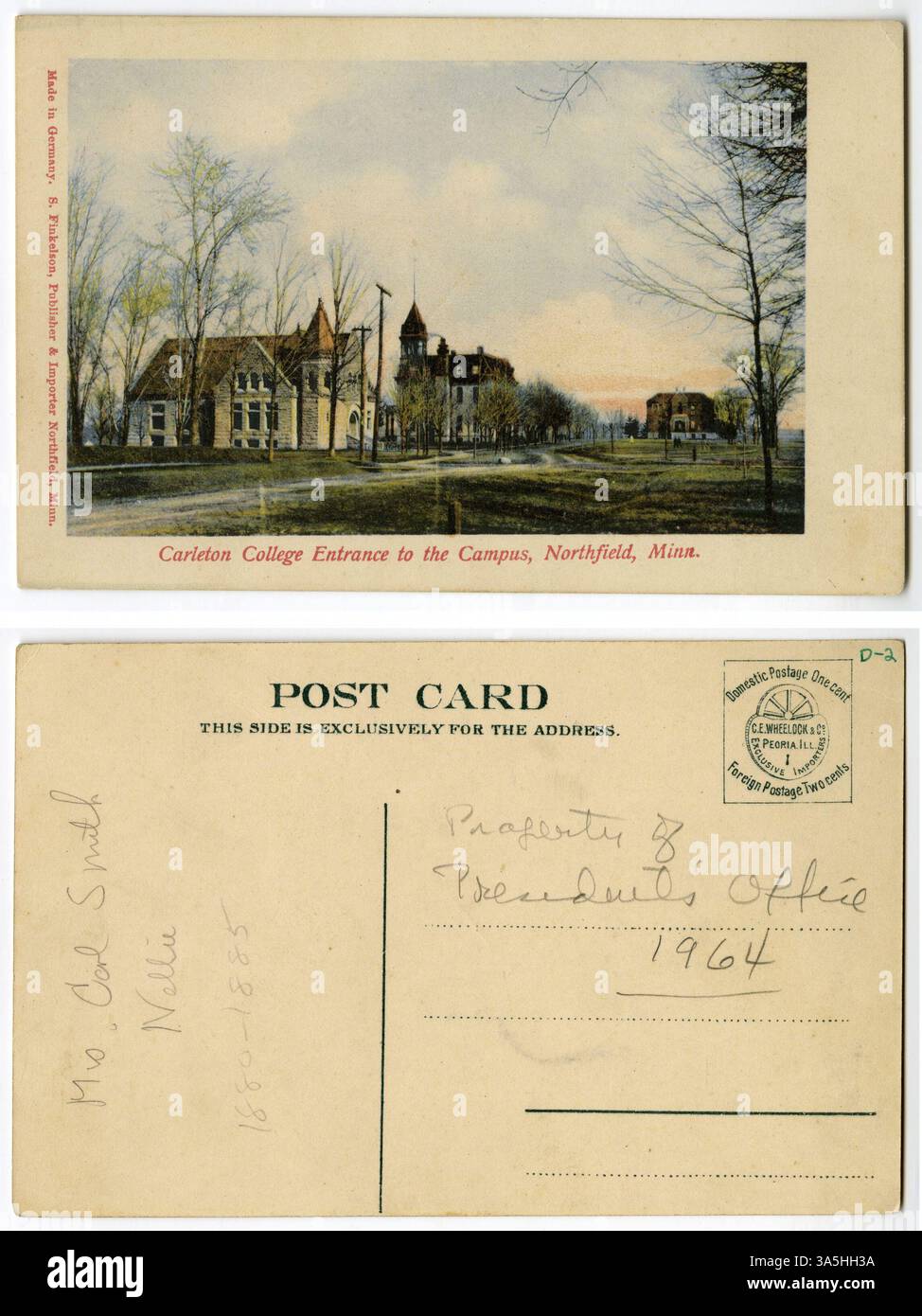 Tinted postcard depicting the southwest entrance to Carleton College ...