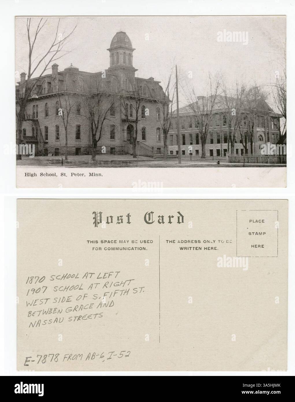 This postcard shows the first high school in St. Peter, built in 1870 ...