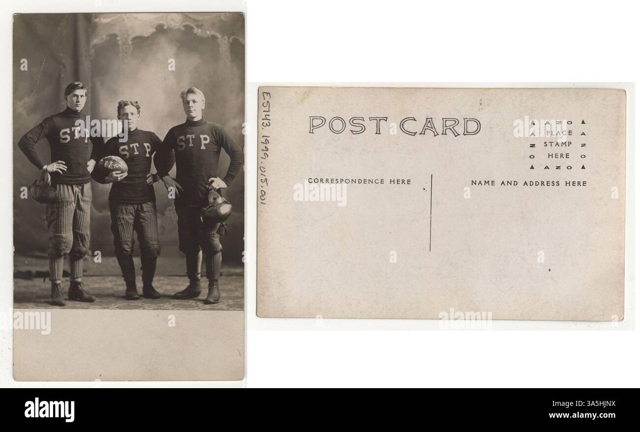 This postcard shows three football players from St. Peter in 1908 ...