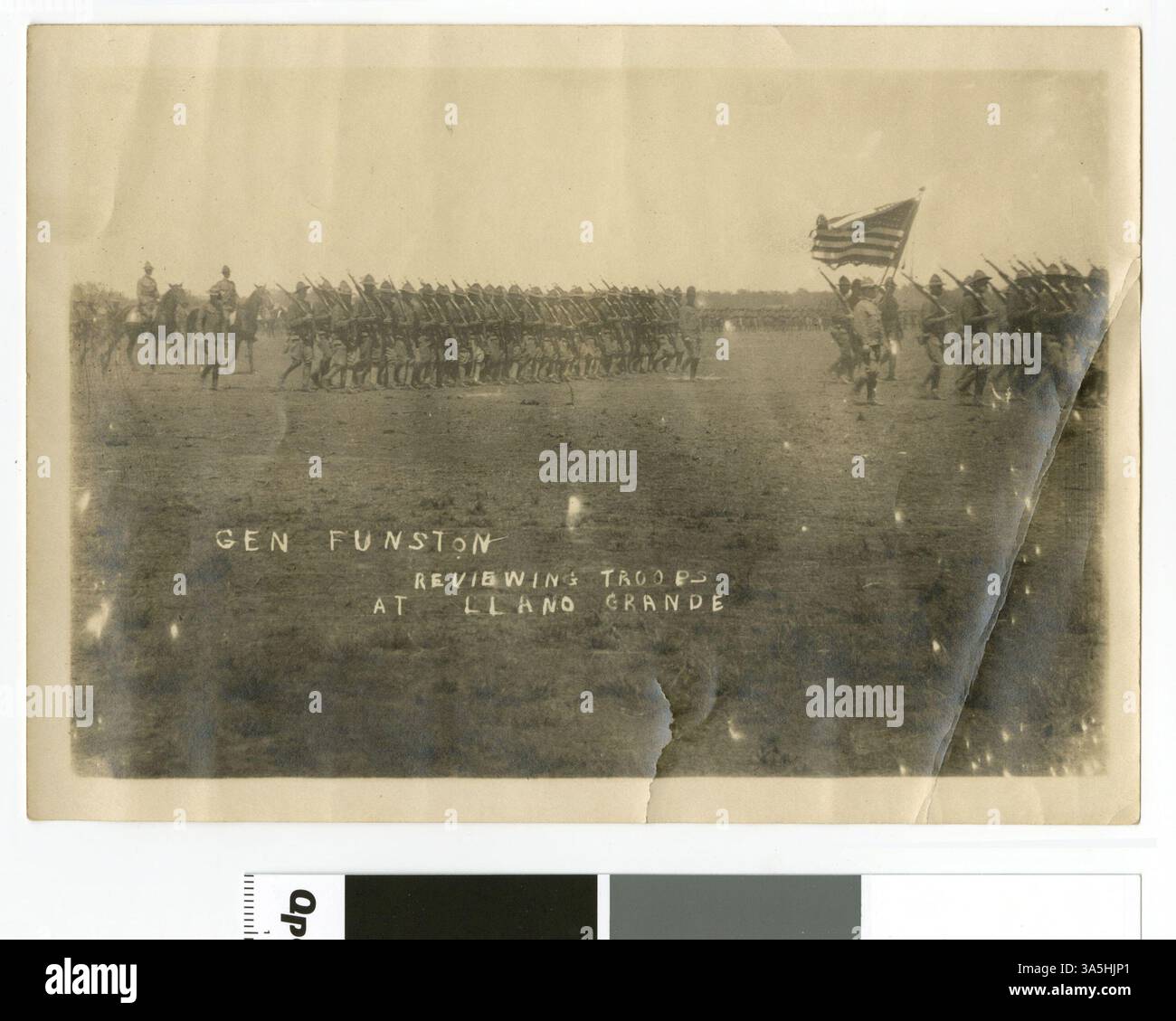 This photograph shows General Funston reviewing soldiers at Camp Llano ...