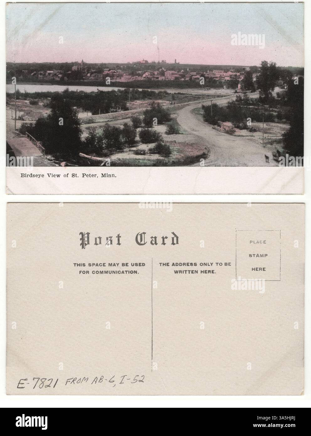 This colorized postcard shows an aerial view of St. Peter, Minnesota ...