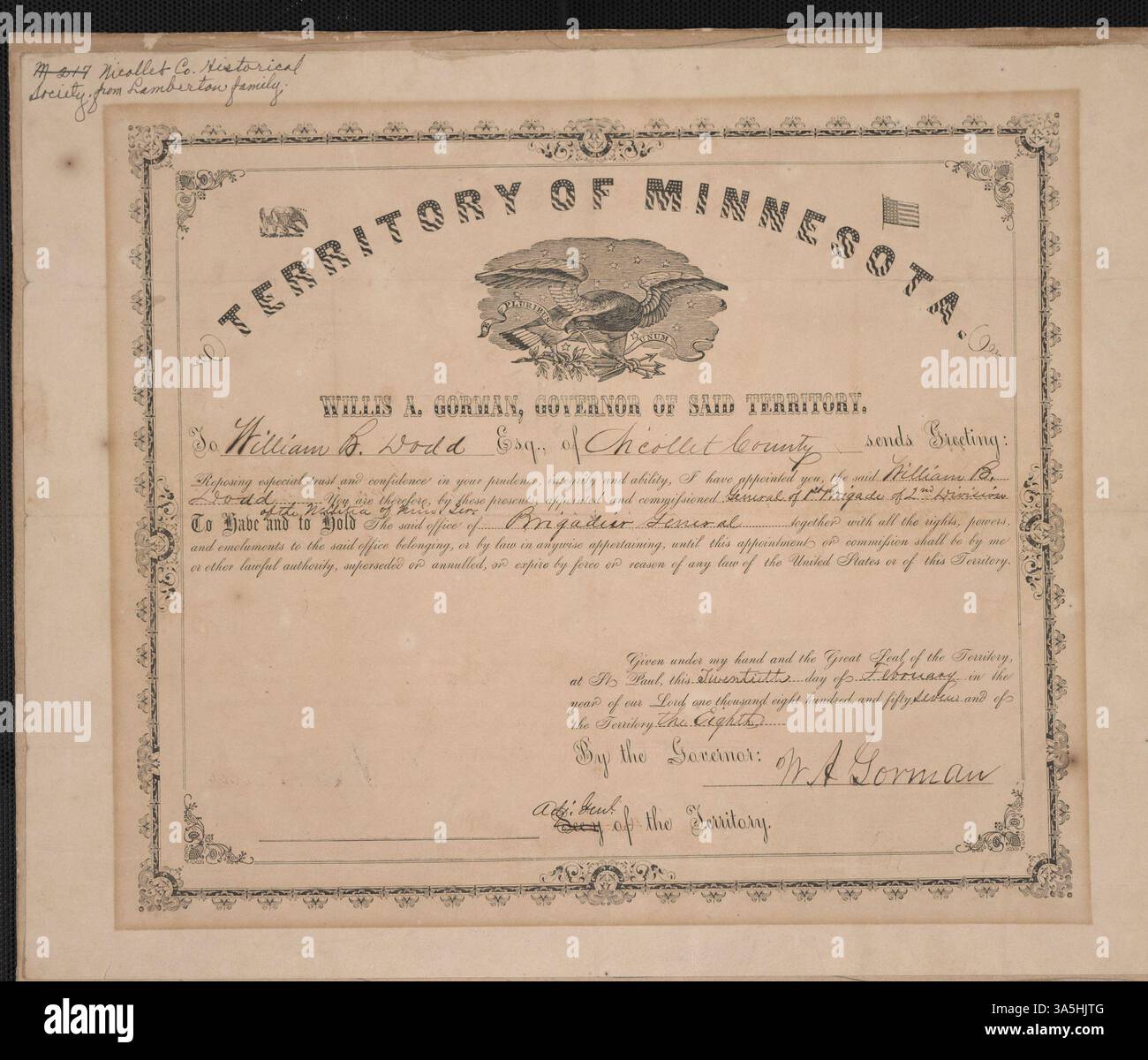 This document, signed by Governor Willis A. Gorman on February 20, 1857 ...