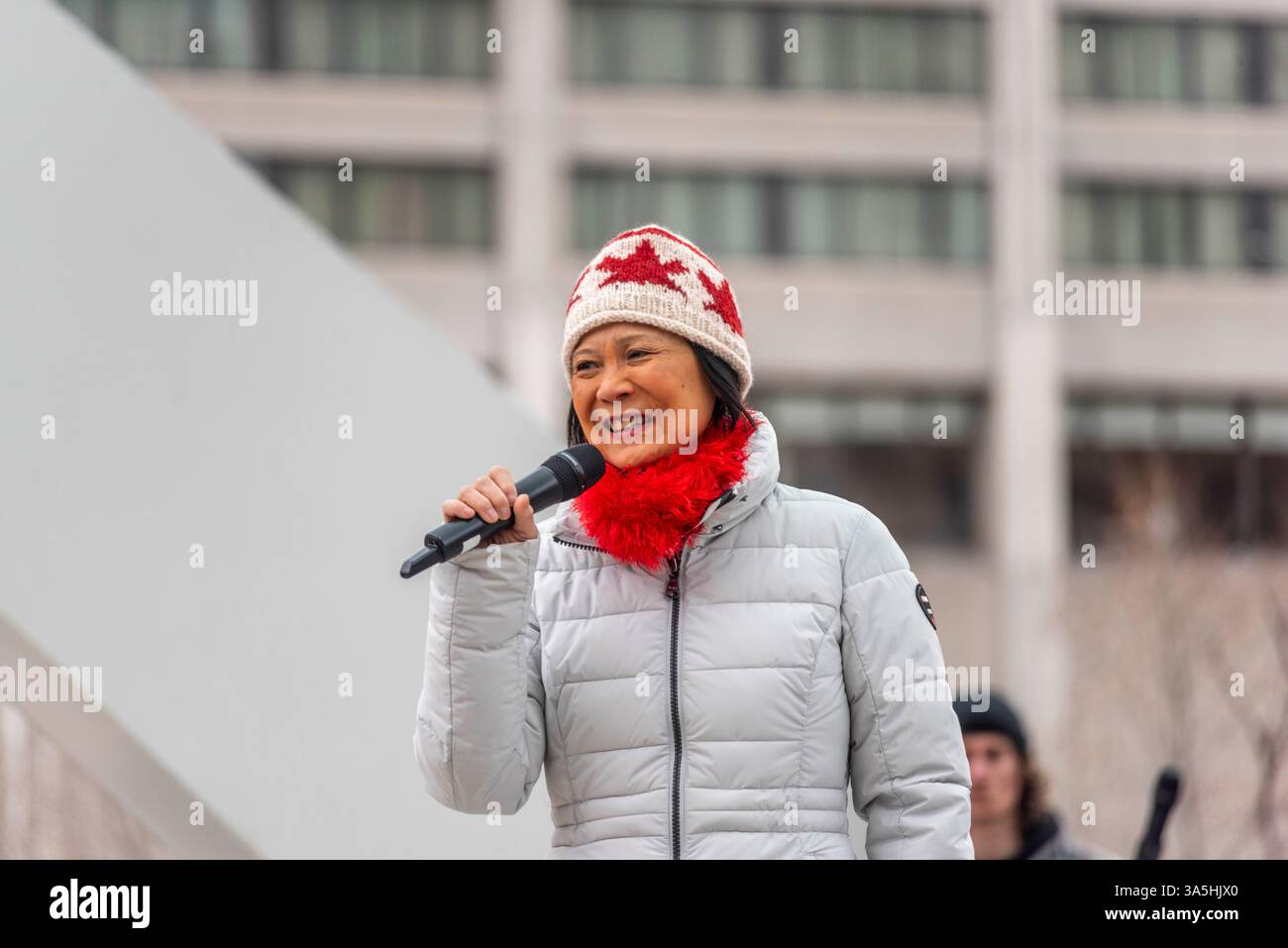 Toronto Mayor Olvia chow speaking at the Elbows Up rally at Toronto ...