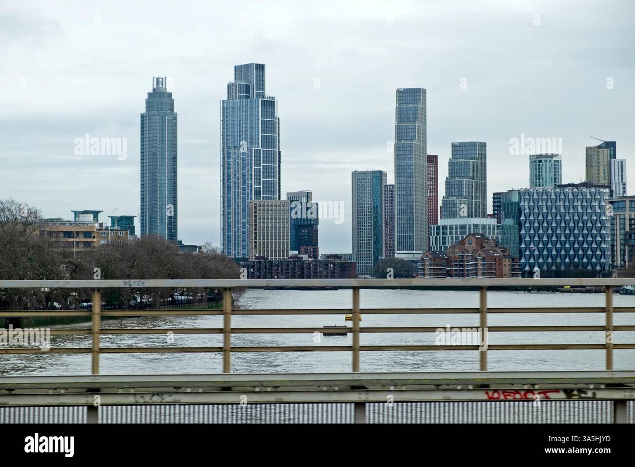 View from train of high rise residential towers skyscrapers ...