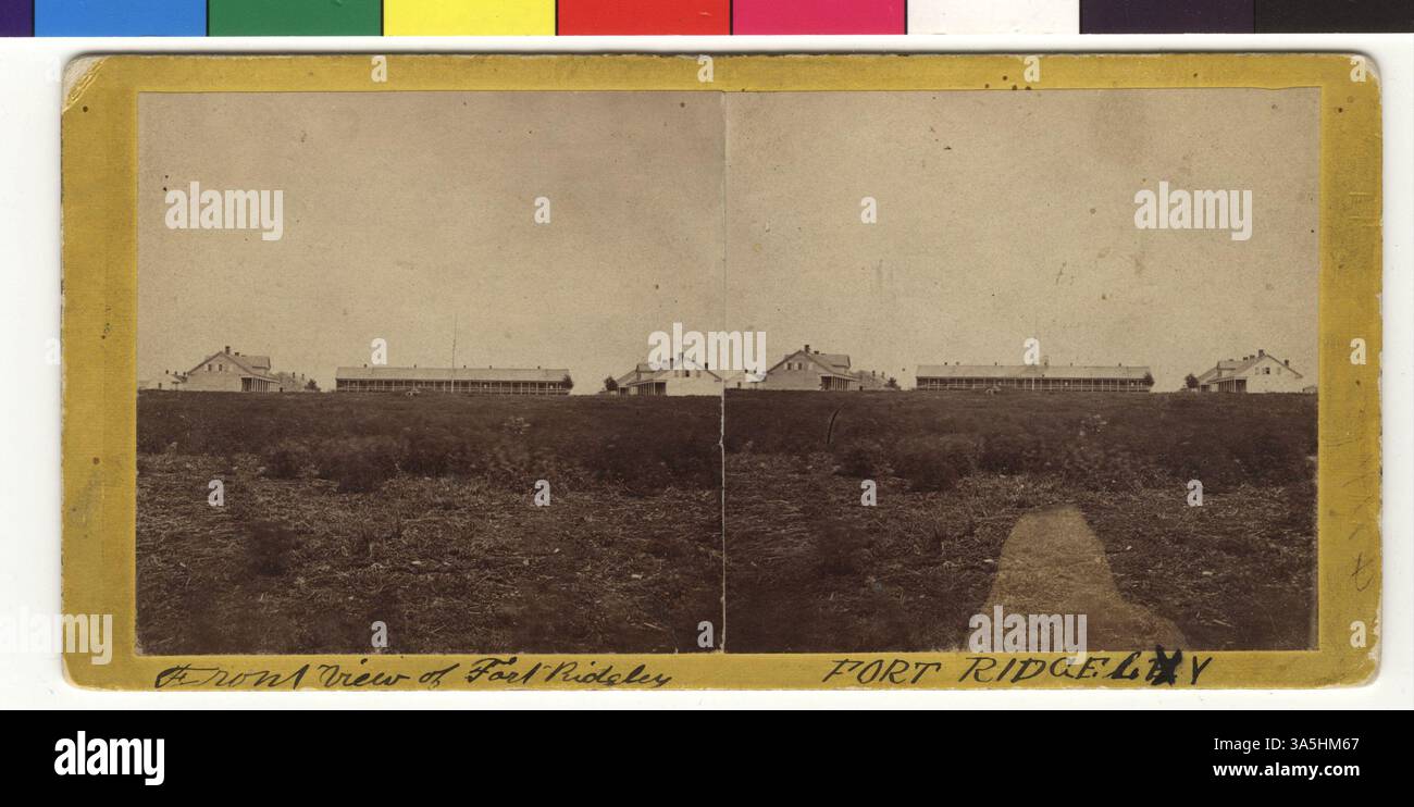 This stereo photograph depicts several buildings at Fort Ridgely in ...