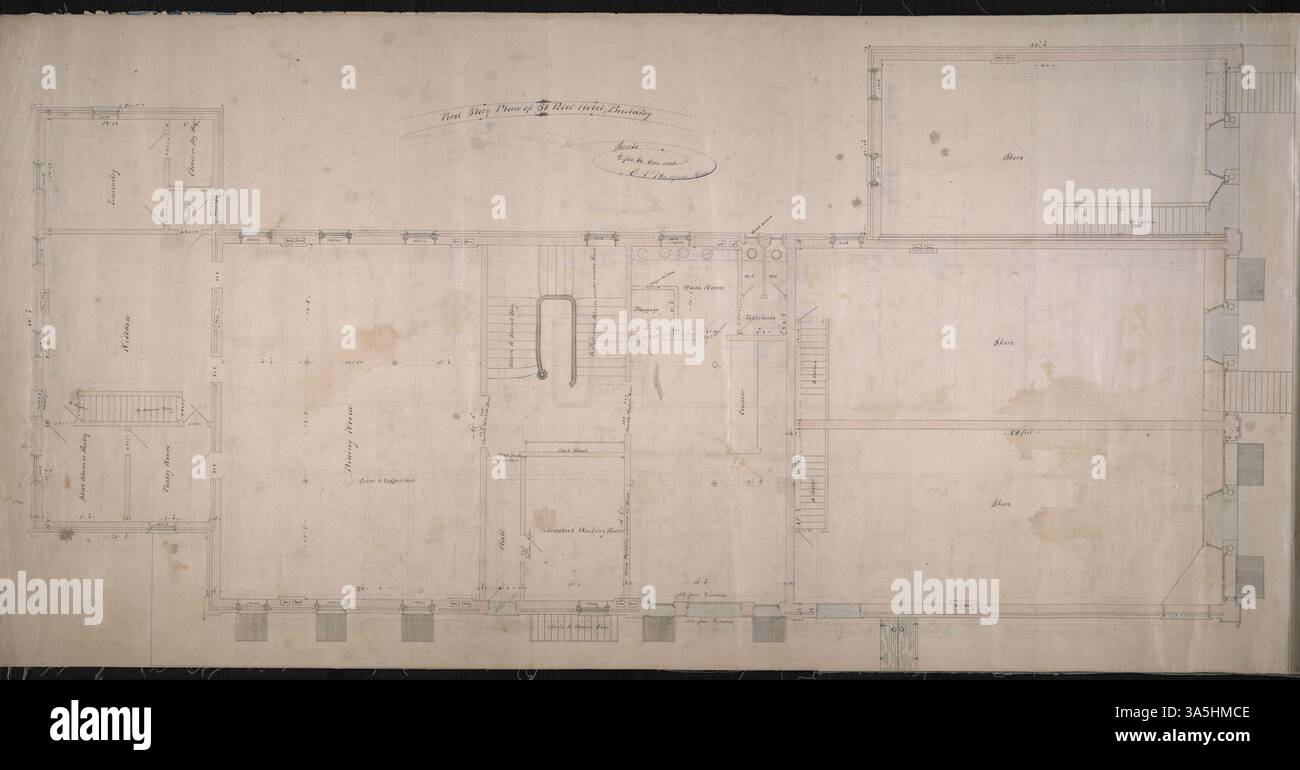 A set of architectural drawings showing the Nicollet Hotel in St. Peter ...