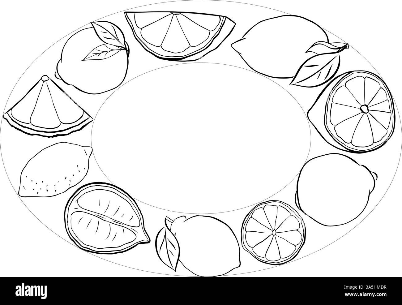 Oval Frame with lemon whole and slices, leaves. Graphic line ink black ...