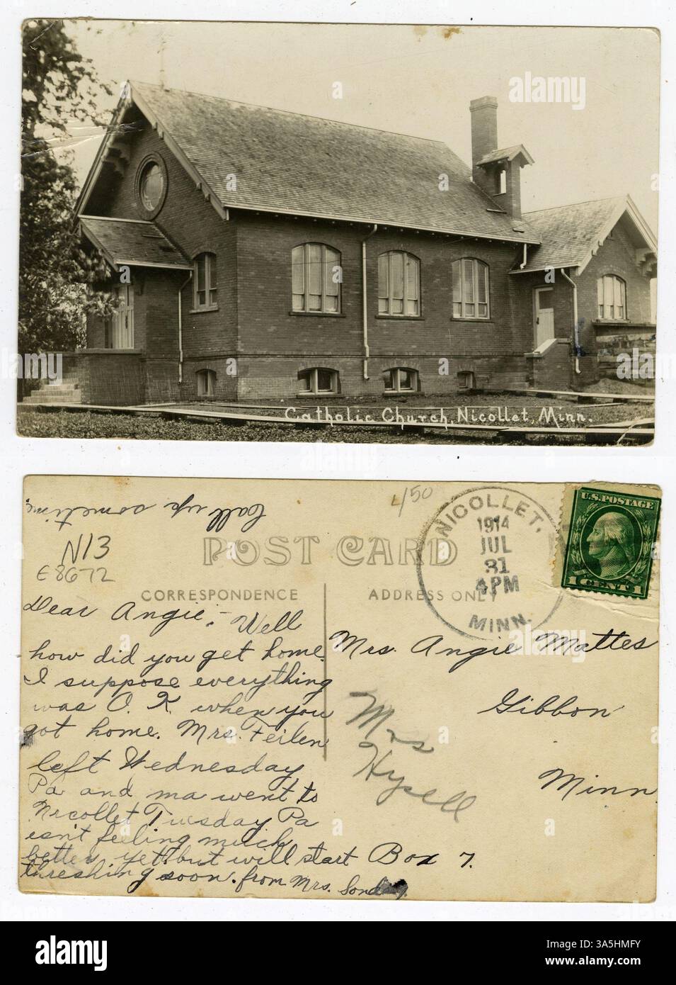 This postcard from Nicollet, Minnesota, shows the Catholic Church of St ...