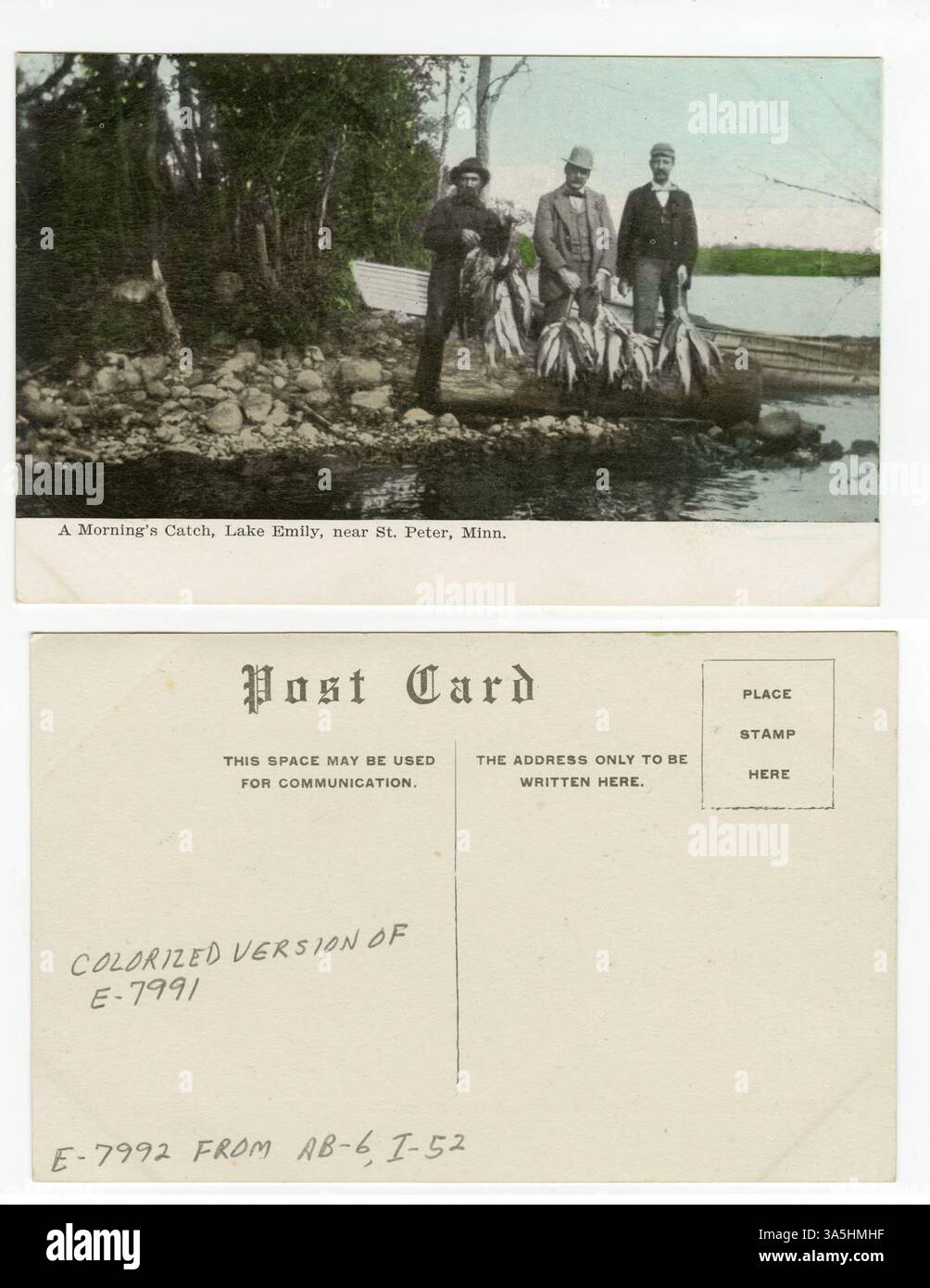 This postcard shows three fishermen with their catch at Lake Emily ...