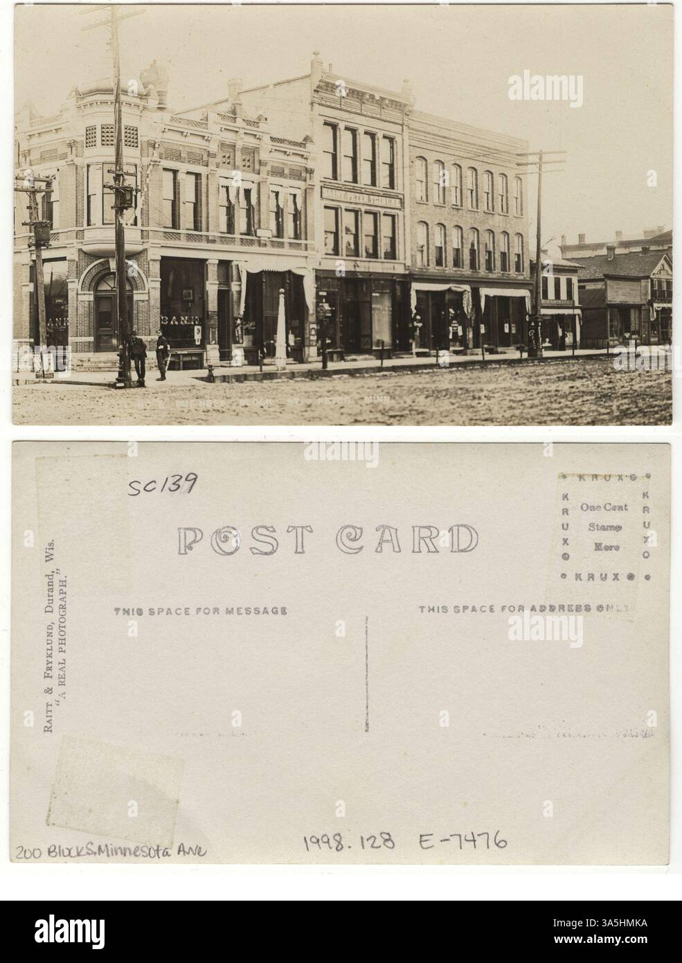 This postcard depicts businesses along the west side of the 200 block ...