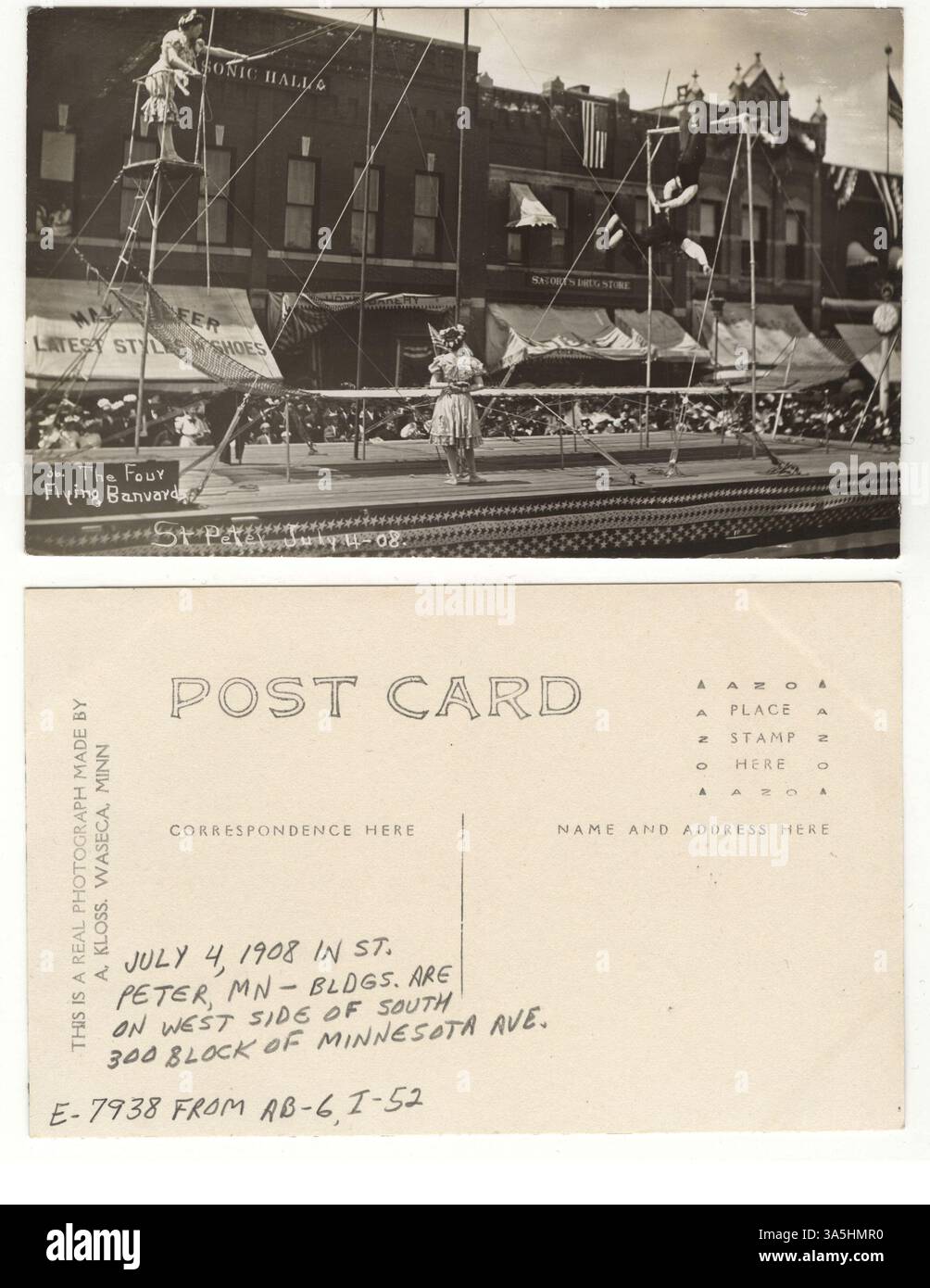 This postcard depicts the Four Flying Banvards acrobats performing on a ...