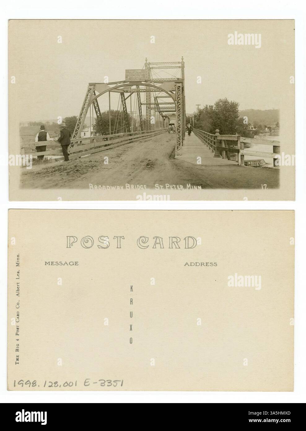 This postcard view shows the Broadway Bridge in St. Peter, spanning the ...