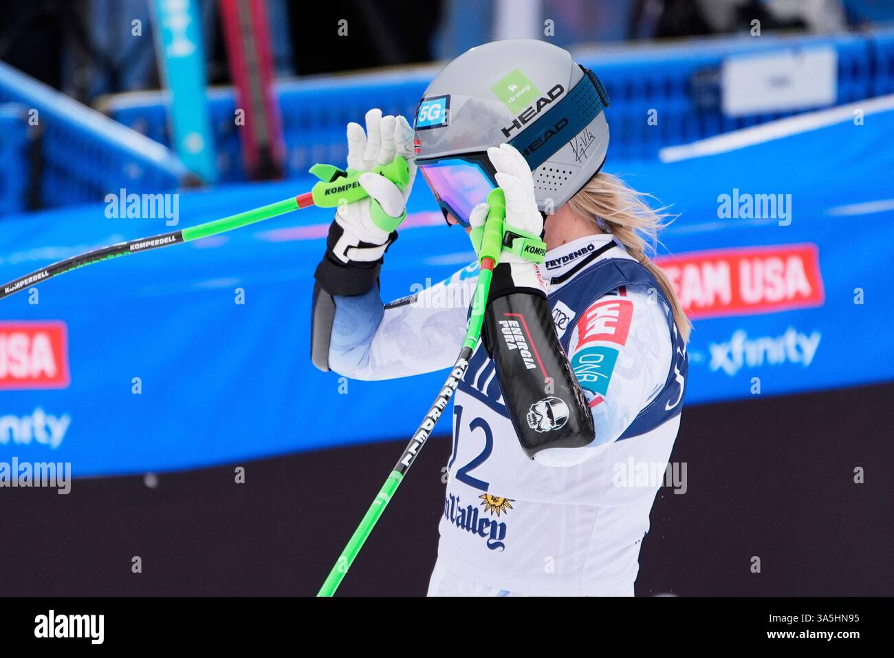 Norway's Kajsa Vickhoff Lie reacts after her run during a women's super ...