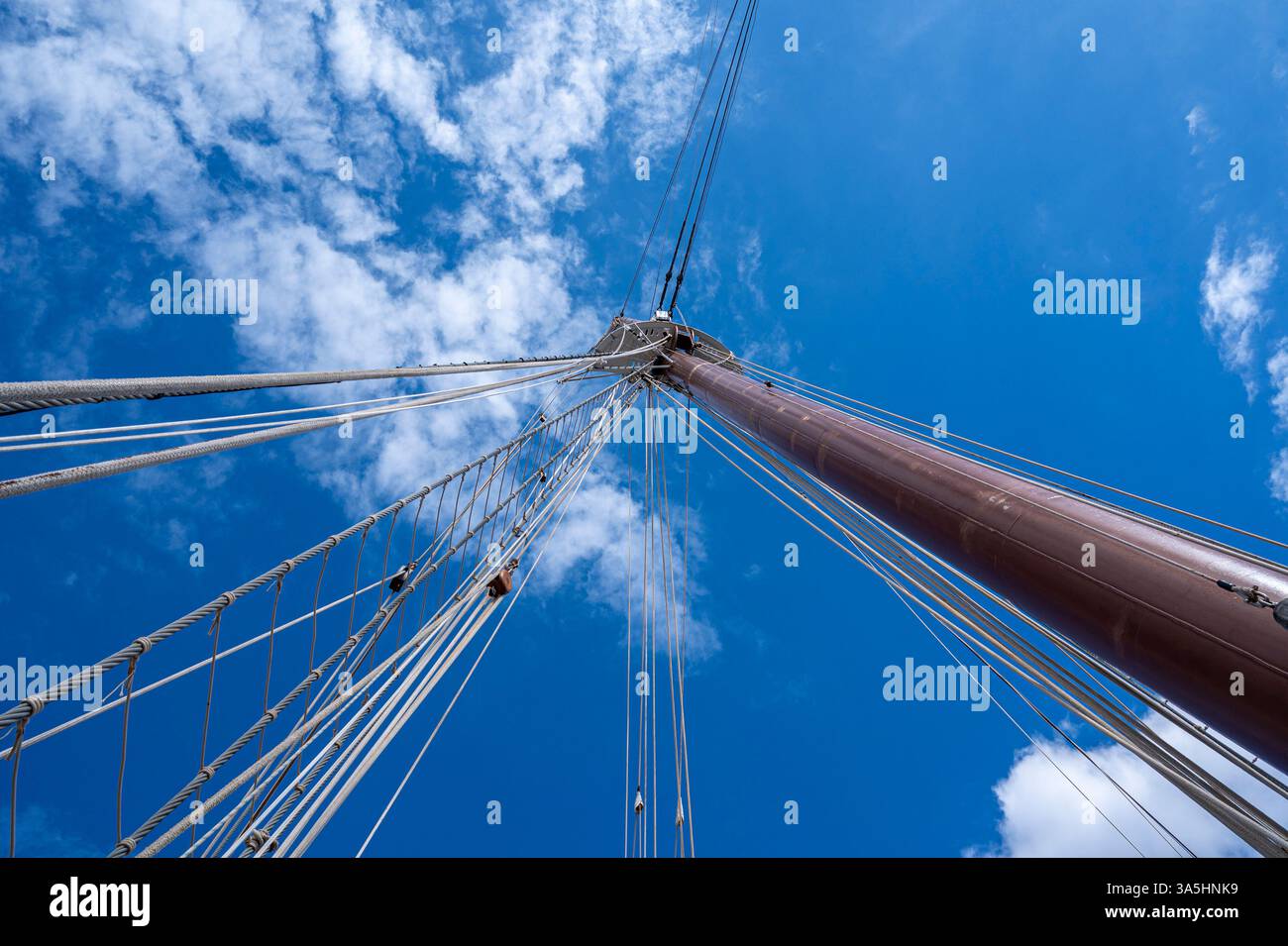 A tall pole with a blue sky in the background. The pole is surrounded ...