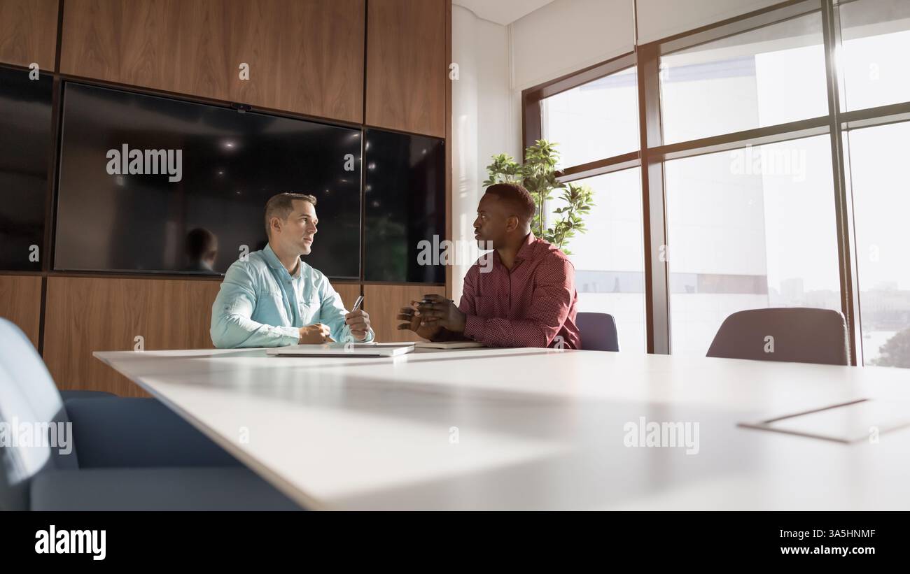 Two multiethnic employees consider joint hi-res stock photography and ...