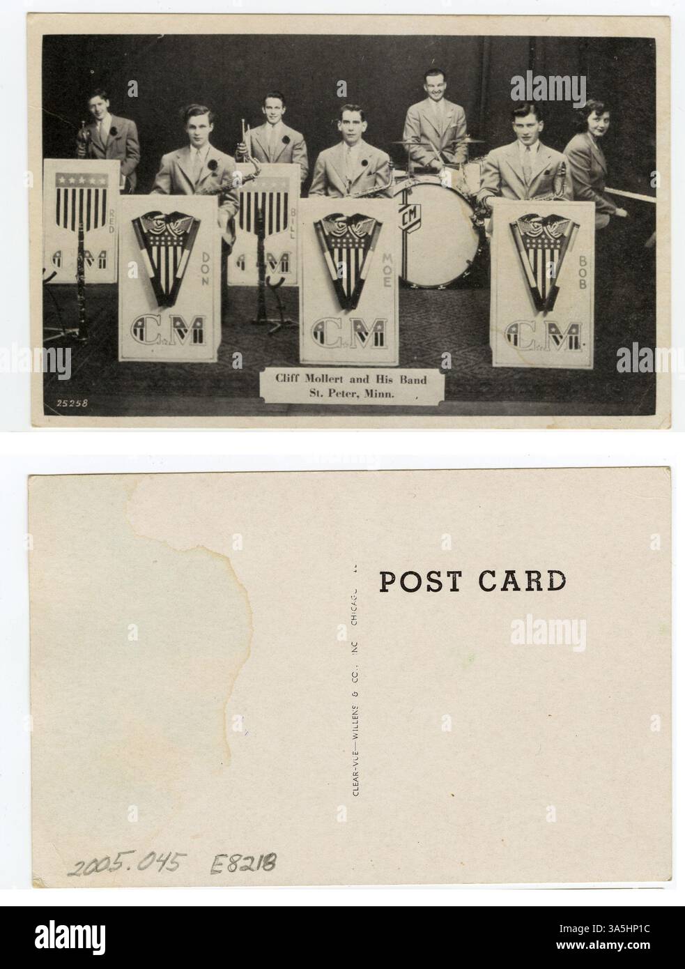 This postcard features drummer Cliff Mollert and his band, including ...