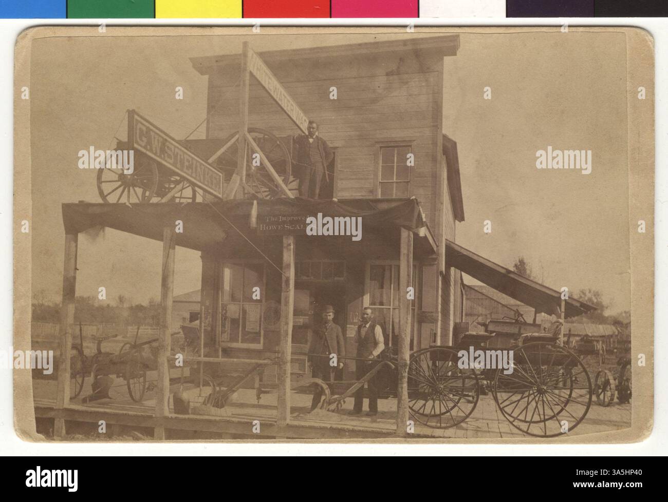 This photo shows the exterior of the G. W. Steinke wagon shop located in St. Peter, Minnesota ...