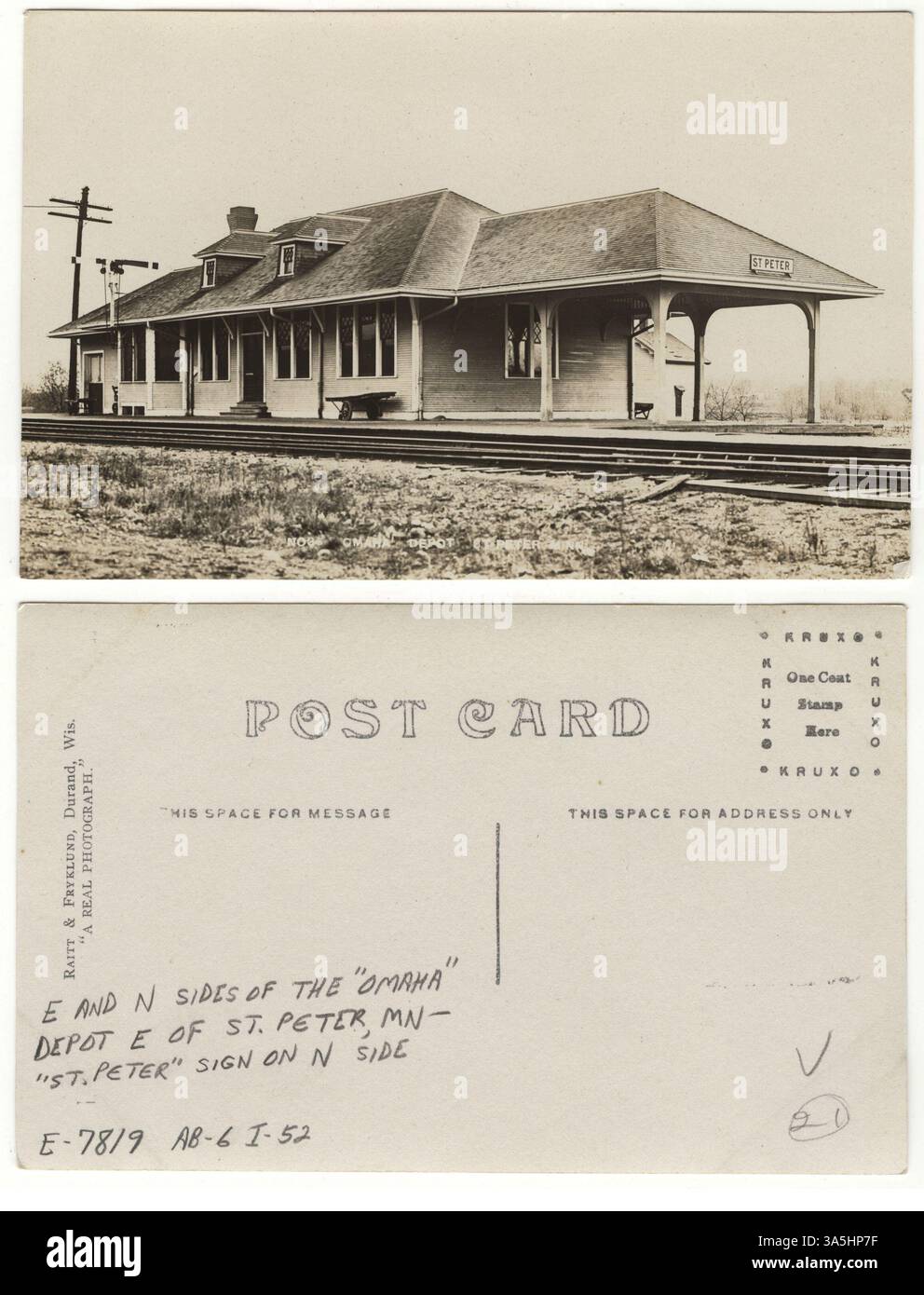 This postcard shows the east side of St. Peter's Omaha railroad depot ...