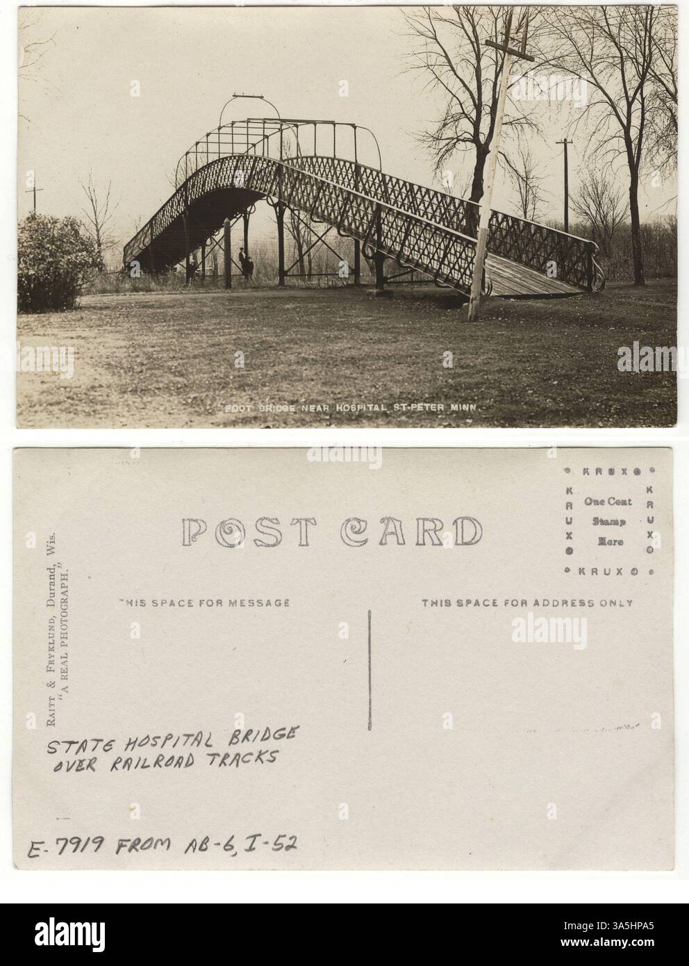This postcard shows a foot bridge over railroad tracks near St. Peter ...