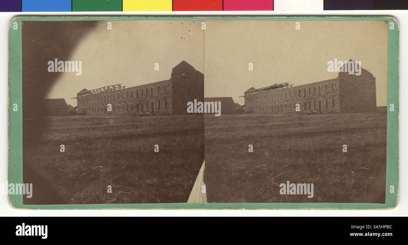 This stereo photograph shows the barracks building at Fort Ridgely in ...