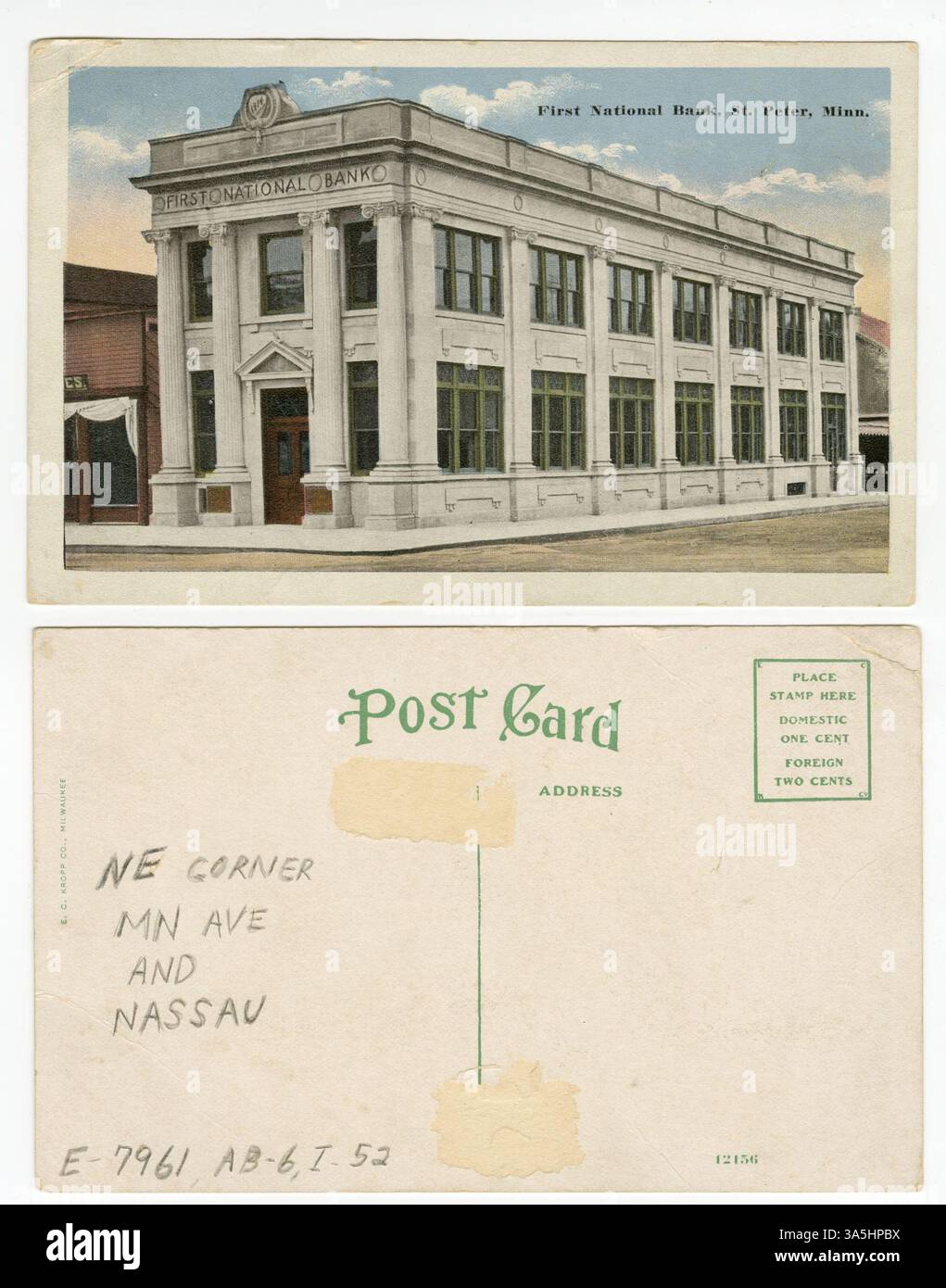 This postcard shows the First National Bank in St. Peter, located at ...